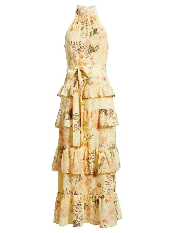 Anne Klein Tiered Ruffle Sleeveless Chiffon Maxi Dress - Daffodil Multi