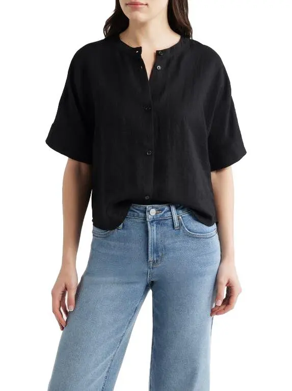 CITY BLUES Boxy Short Sleeve Button-up Shirt - Black