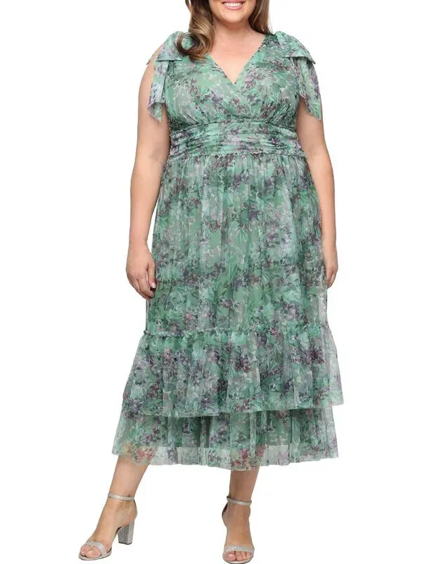 SL FASHIONS Floral Print Mesh Midi Dress - Sage Multi