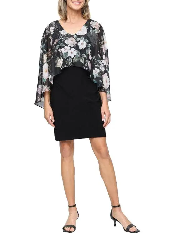 SL FASHIONS Floral Print Metallic Cape Matte Jersey Cocktail Dress - Black Multi