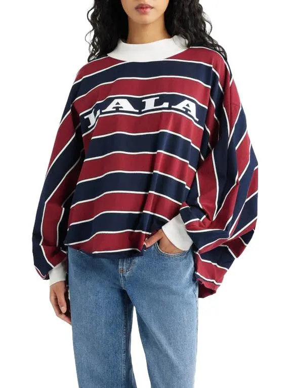 DRESSED IN LALA Oversized Striped Logo Sweatshirt - Wine