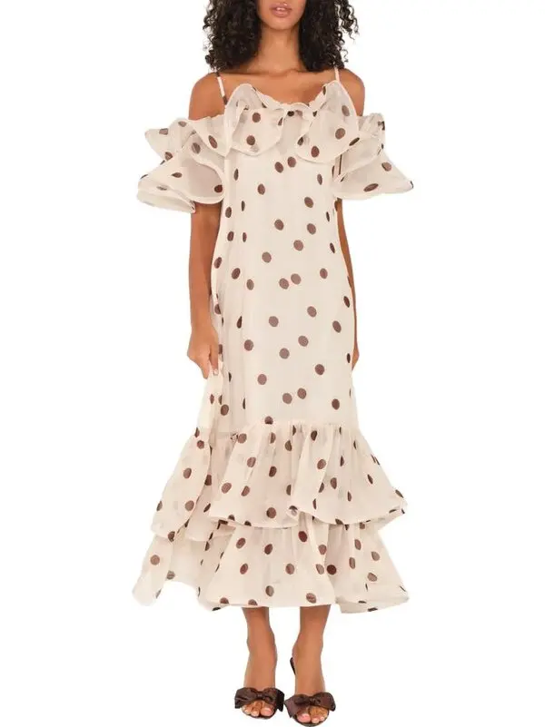 THE LULO PROJECT Barefoot Ruffle High-low Maxi Dress - Polka Dots Brown