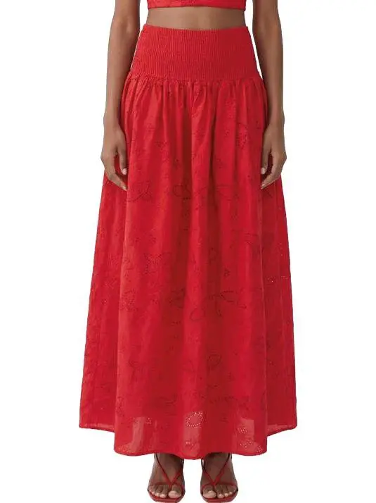 THE LULO PROJECT Drift Eyelet Maxi Skirt - Koel Eyelet Bird Red