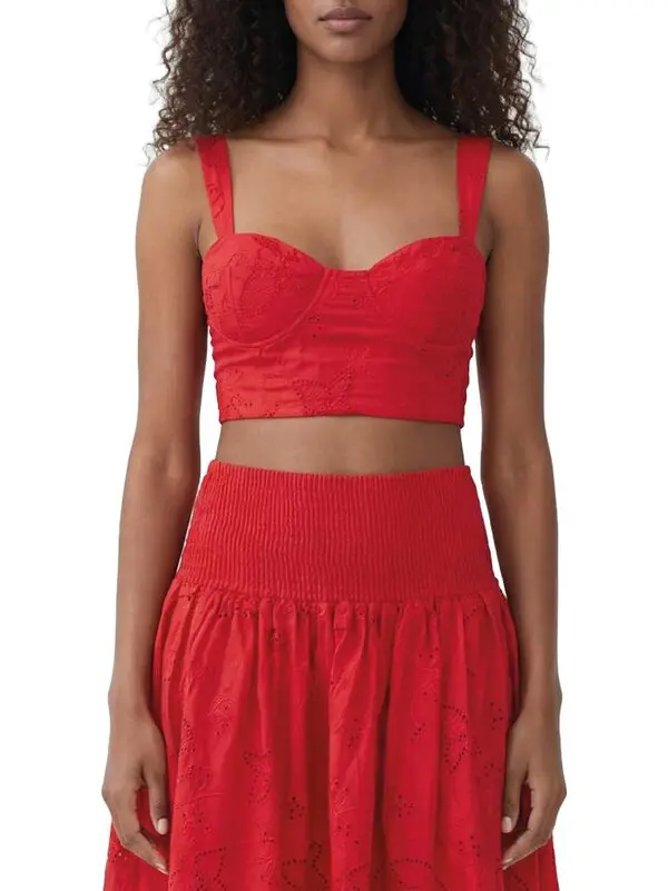 THE LULO PROJECT Seamed Broderie Anglaise Bustier Top - Koel Eyelet Bird Red