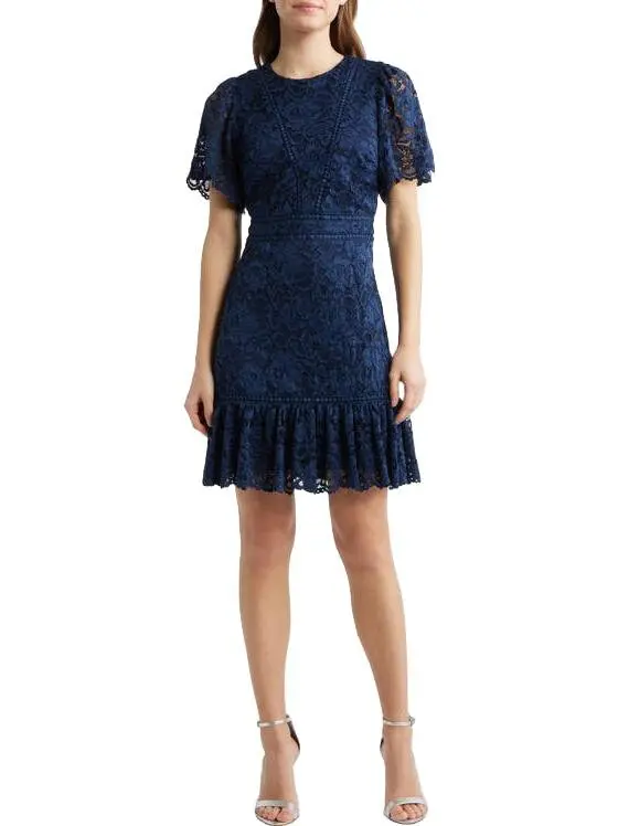 Sam Edelman Lace Embroidered Flounce Hem Dress - Navy