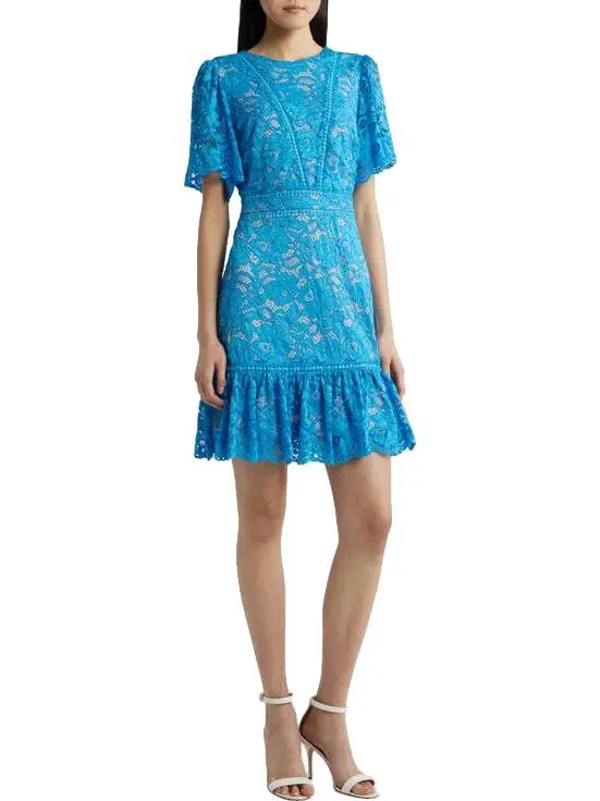 Sam Edelman Lace Embroidered Flounce Hem Dress - Turquoise