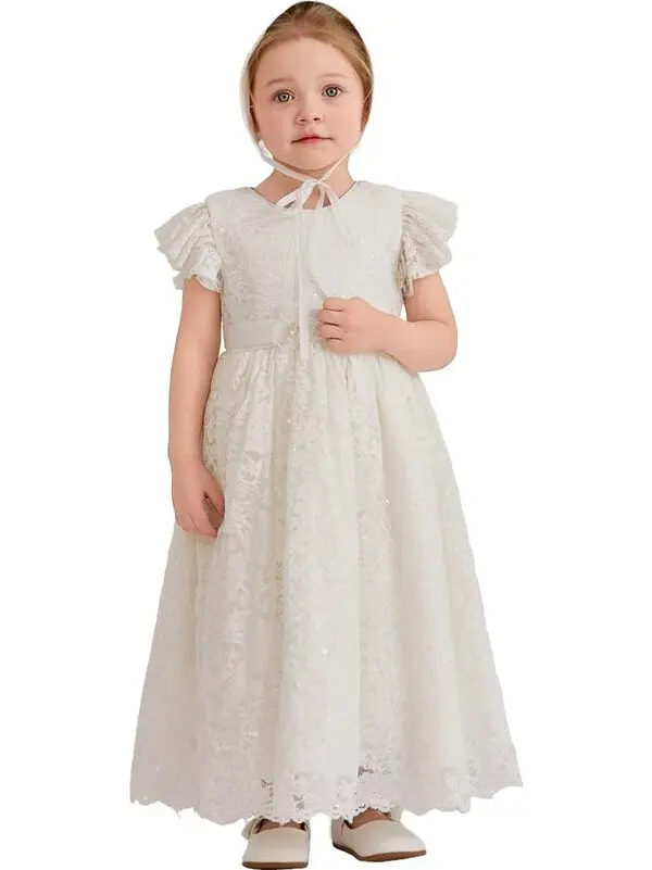 TULLEEN Velloria Lace Christening Dress With Bonnet - White