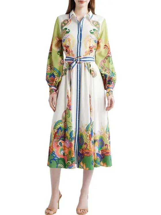 Elie Tahari Ester Belted Long Sleeve Shirtdress - Celestial Paisley