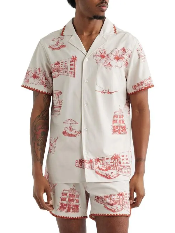 MAVRANS Ocean Drive Print Camp Shirt - Red