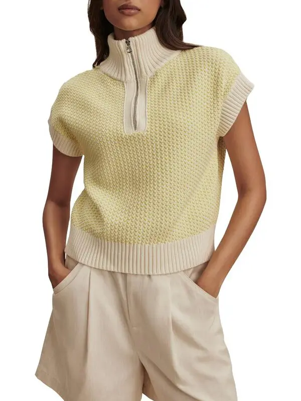 Varley Fowley Quarter Zip Short Sleeve Sweater - Snow White/limeade