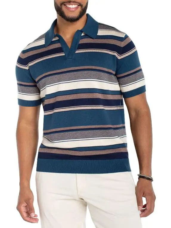 LIVERPOOL Striped Johnny Collar Polo Sweater - Navy Multi