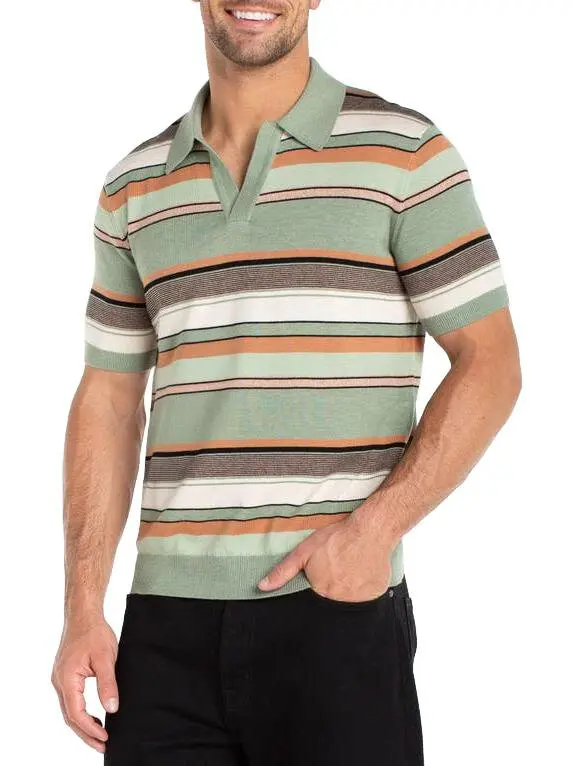 LIVERPOOL Striped Johnny Collar Polo Sweater - Sage Multi