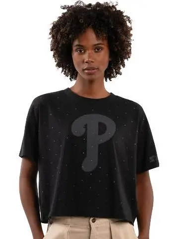 STARTER Philadelphia Phillies Rhinestone Cropped T-shirt - Black