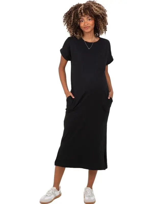 PINKBLUSH Maternity Midi T-shirt Dress With Pockets - Black