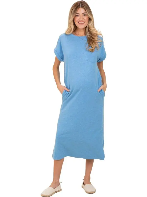 PINKBLUSH Maternity Pocket Front Midi T-shirt Dress - Blue