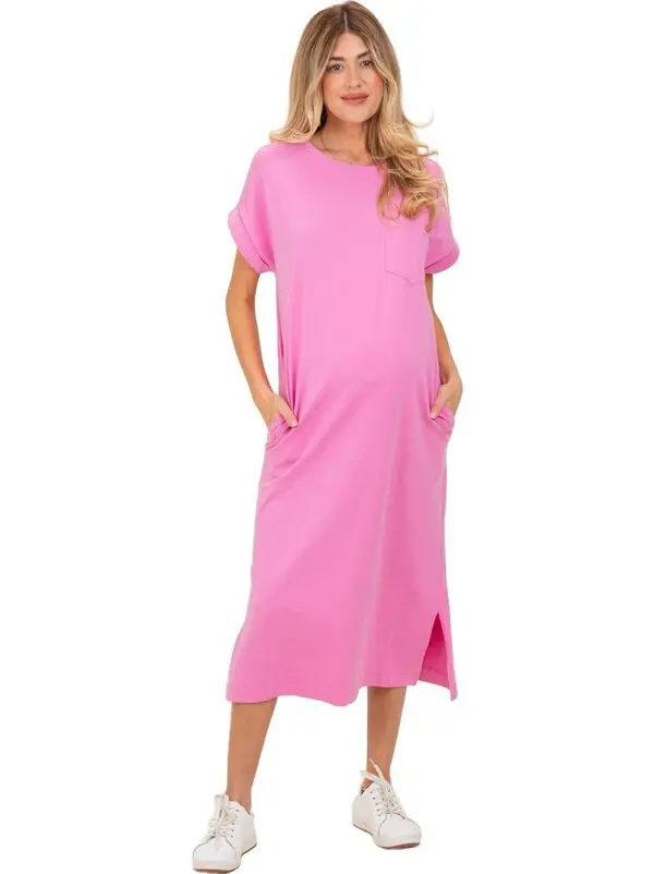 PINKBLUSH Maternity Midi T-shirt Dress With Pockets - Pink