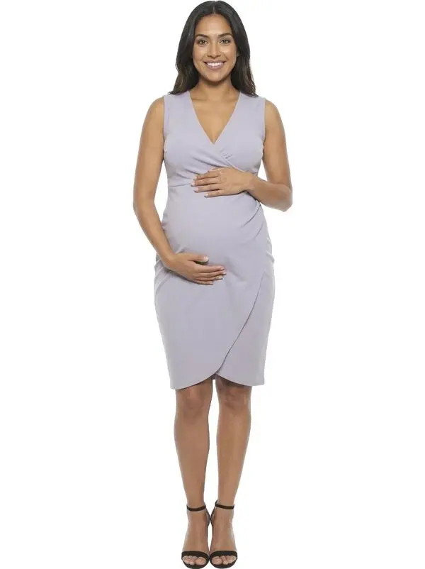 24SEVEN COMFORT APPAREL Maternity V-neck Sleeveless Faux Wrap Tulip Hem Midi Dress - Lavender