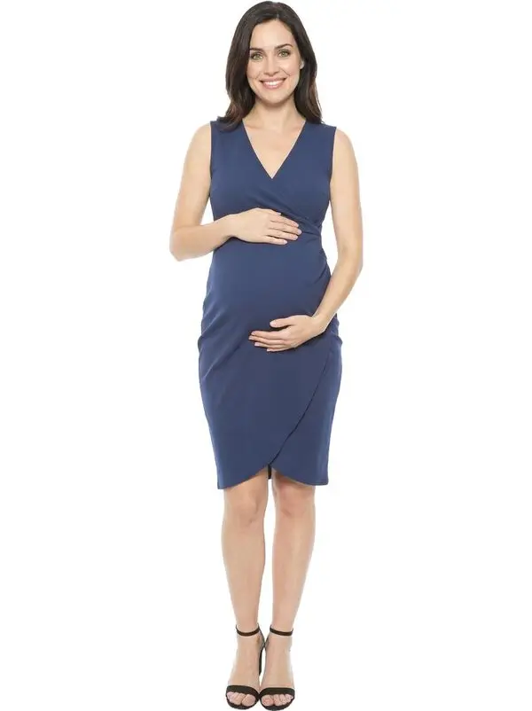 24SEVEN COMFORT APPAREL Maternity V-neck Sleeveless Faux Wrap Tulip Hem Midi Dress - Navy