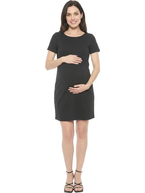 24SEVEN COMFORT APPAREL Maternity Short Sleeve Mini Shift Dress - Black