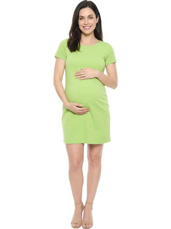 24SEVEN COMFORT APPAREL Maternity Short Sleeve Mini Shift Dress - Lime