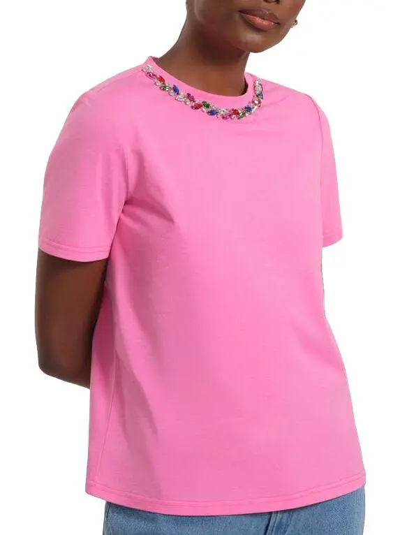 ISAAC MIZRAHI NEW YORK Embellished Stretch Cotton T-shirt - Light Pink