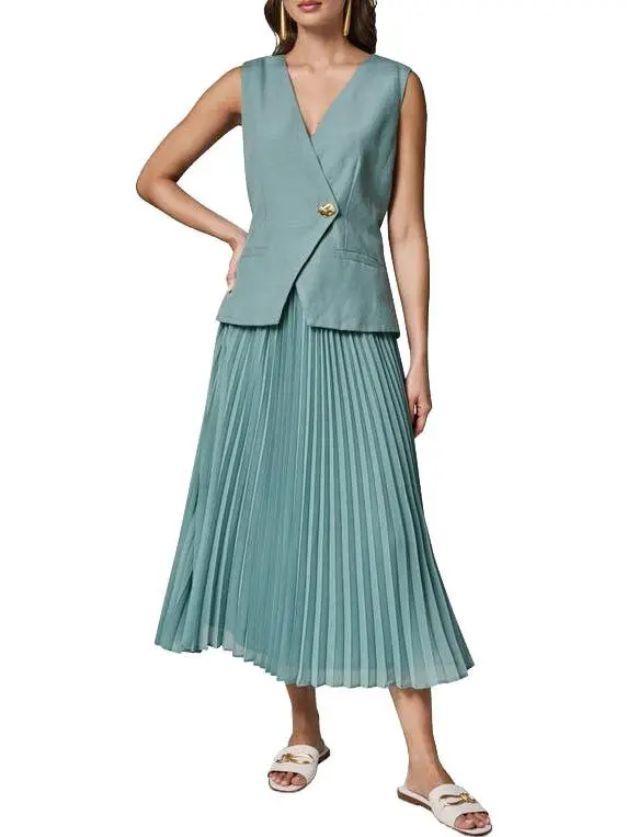 Donna Karan New York Mixed Media Linen Blend Pleated Midi Dress - Waterlily