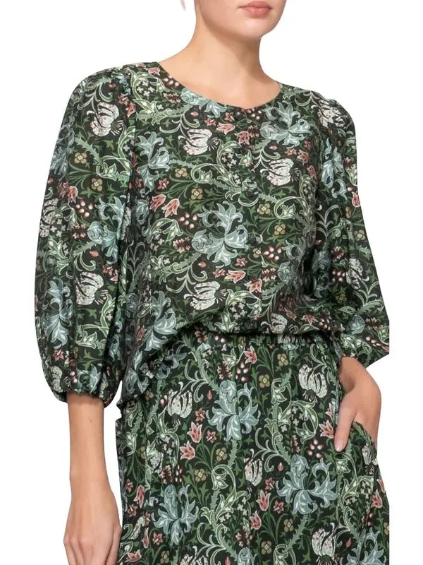 MELLODAY Printed Button-up Shirt With Puff Sleeves - Green Multi