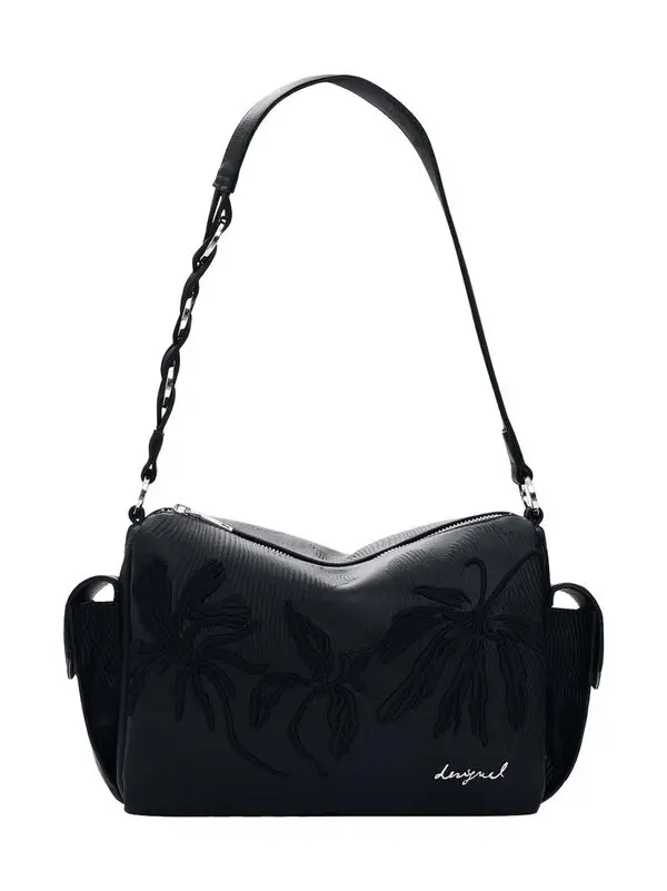 Desigual Floral Embroidered Faux Leather Shoulder Bag - Black
