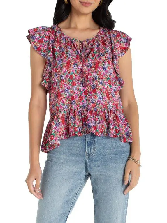 LIVERPOOL Floral Print Flutter Sleeve Peplum Top - Pink Multi