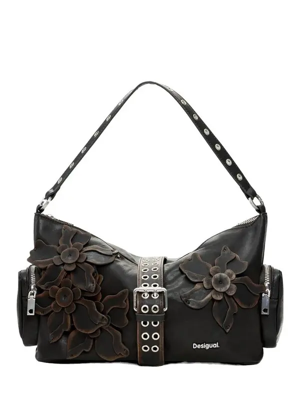Desigual Floral Appliqué Faux Leather Shoulder Bag - Dark Brown