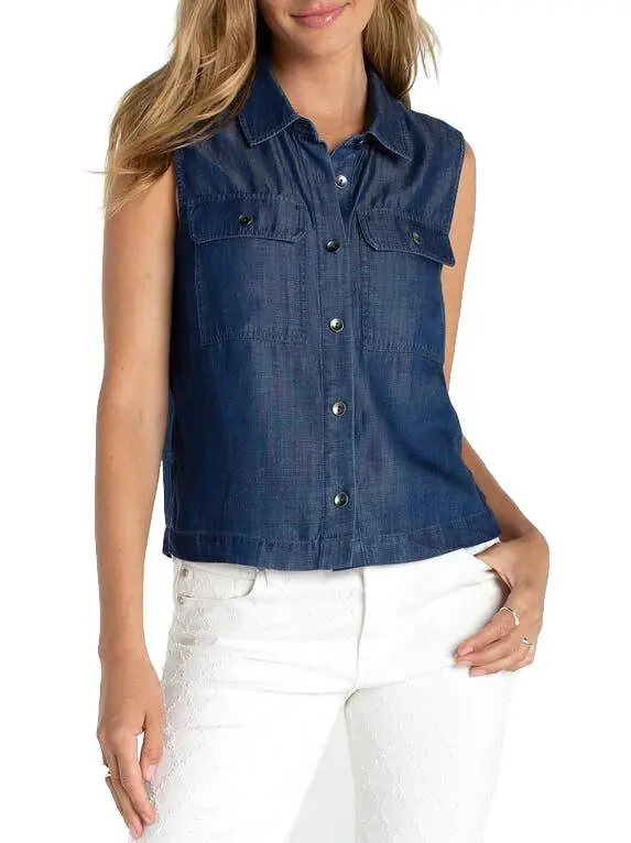 LIVERPOOL Pocket Sleeveless Crop Denim Shirt - Serene Dark