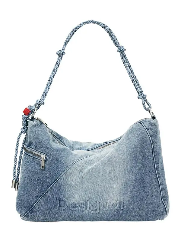 Desigual Logo Embossed Denim Shoulder Bag - Light Blue