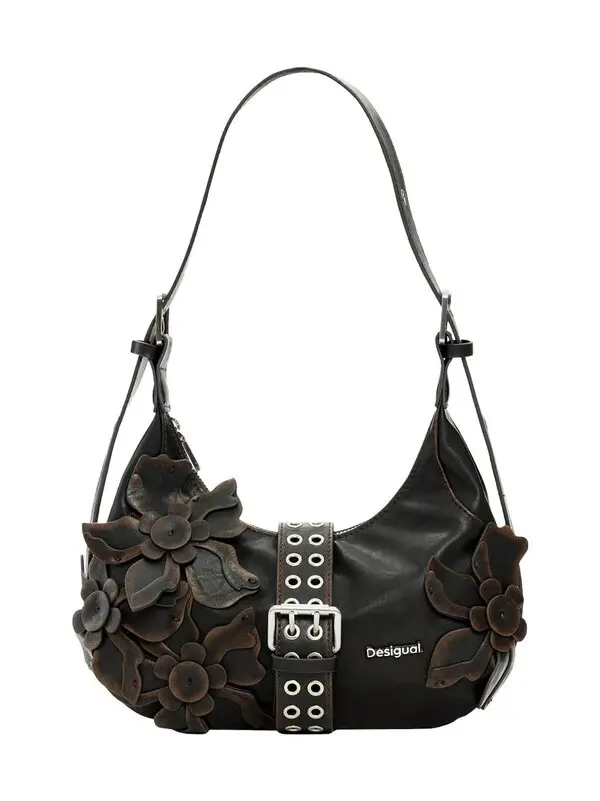 Desigual Floral Appliqué Faux Leather Shoulder Bag - Dark Brown