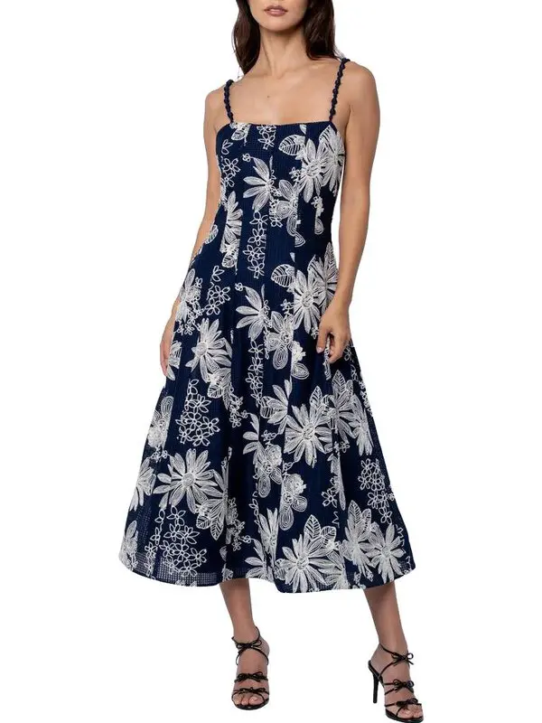 CIEBON Floral Embroidery A-line Dress - Navy Cream