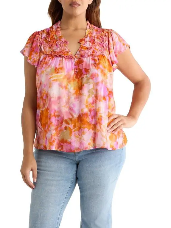 LIVERPOOL Floral Print Flutter Sleeve Top - Orange/pink Multi