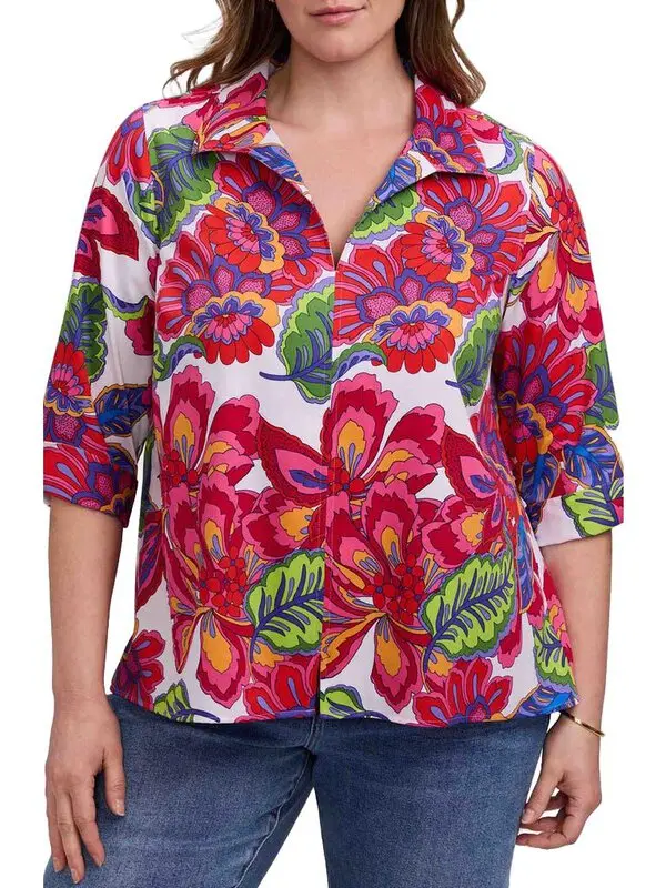 Foxcroft Agnes Paradise Blooms Cotton Popover Top - Pink/white Multi