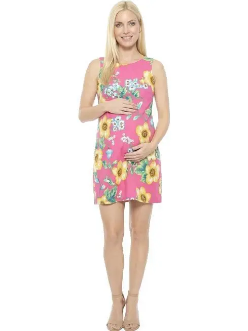 24SEVEN COMFORT APPAREL Maternity Floral Print Mini Shift Dress - Pink