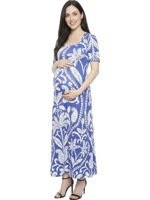 24SEVEN COMFORT APPAREL Maternity Floral A-line Maxi Dress - Blue Multi