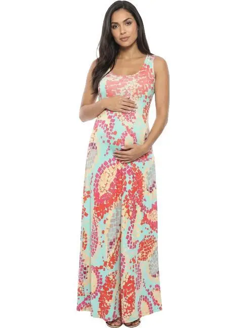 24SEVEN COMFORT APPAREL Maternity Abstract A-line Maxi Dress - Blue Multi