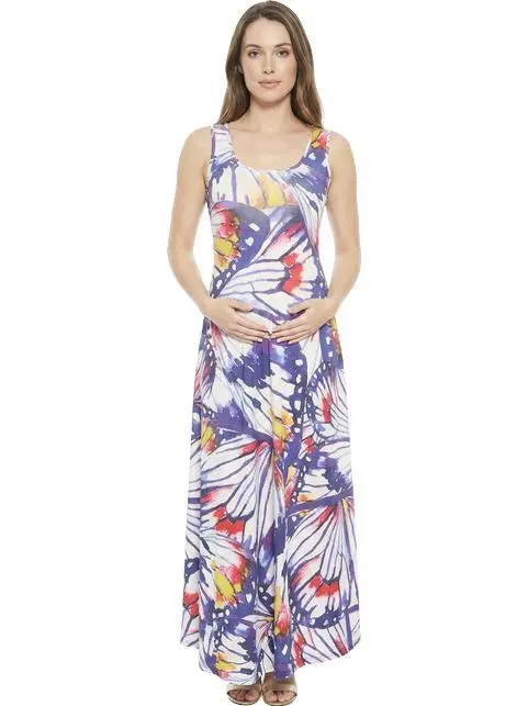 24SEVEN COMFORT APPAREL Maternity Butterfly Print Sleeveless Maxi Dress - Purple Multi