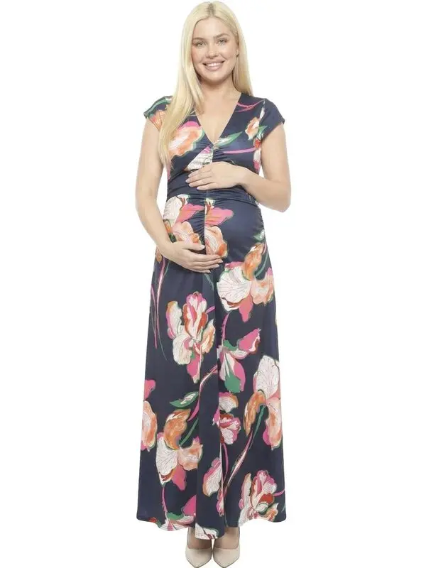 24SEVEN COMFORT APPAREL Maternity Floral V-neck Maxi Dress - Navy Multi