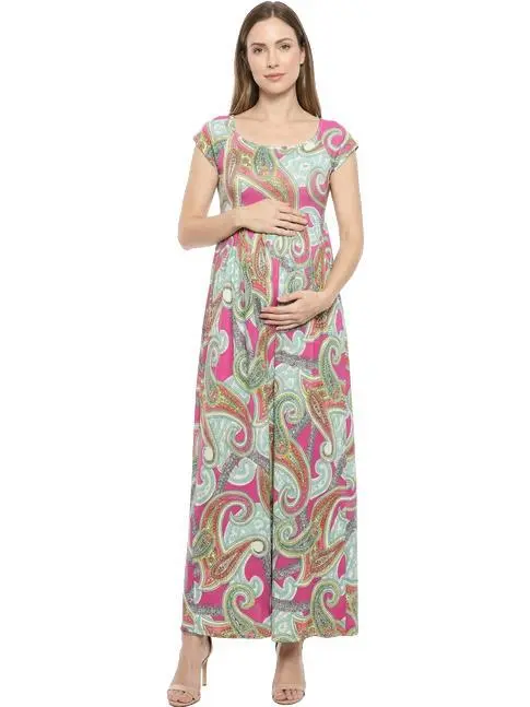 24SEVEN COMFORT APPAREL Maternity Paisley Maxi Dress - Pink Multi