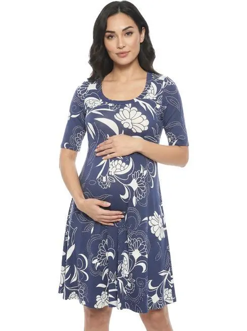 24SEVEN COMFORT APPAREL Maternity Floral Skater Dress - Navy Multi