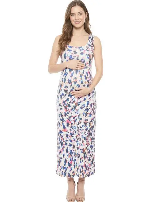 24SEVEN COMFORT APPAREL Maternity Sleeveless Maxi Dress - White Multi