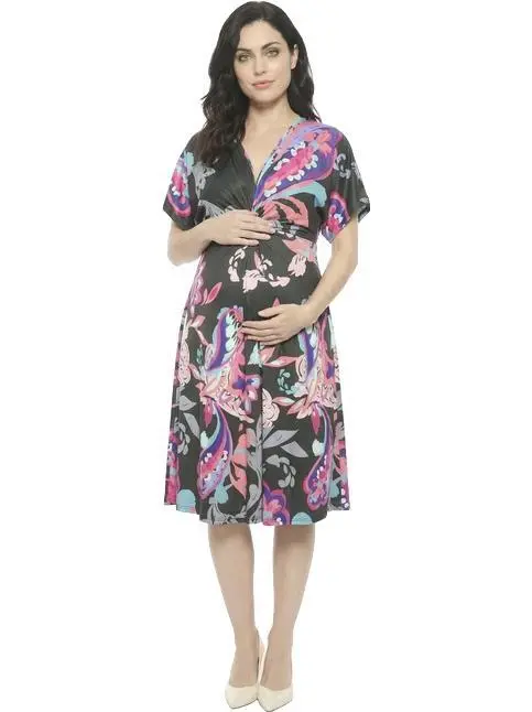 24SEVEN COMFORT APPAREL Maternity Paisley V-neck Midi Dress - Black Multi