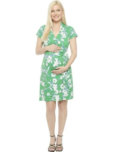 24SEVEN COMFORT APPAREL Maternity Floral Collar Knee Length Side Tie Wrap Dress - Green Multi