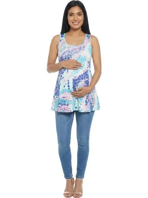 24SEVEN COMFORT APPAREL Maternity Abstract Scoop Neck Tunic Tank Top - Blue Multi