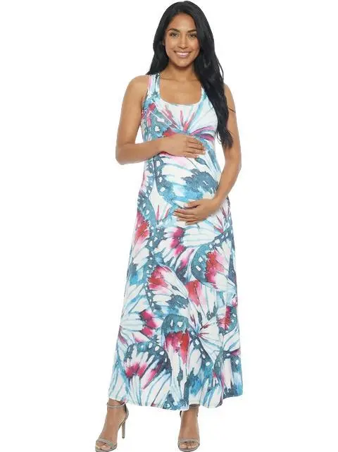 24SEVEN COMFORT APPAREL Maternity Butterfly Print Sleeveless Maxi Dress - Blue Multi