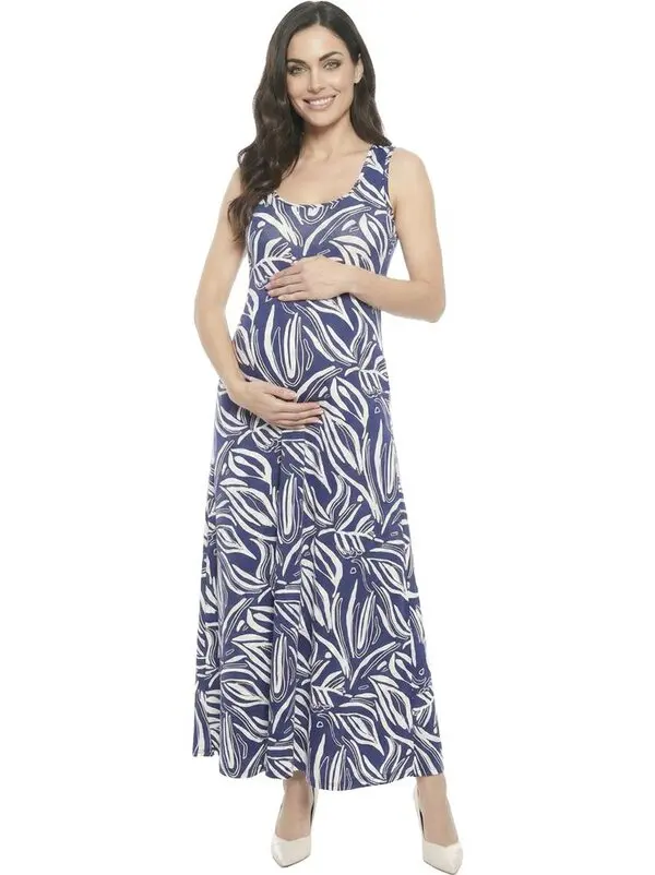 24SEVEN COMFORT APPAREL Maternity Abstract Sleeveless Maxi Dress - Navy Multi