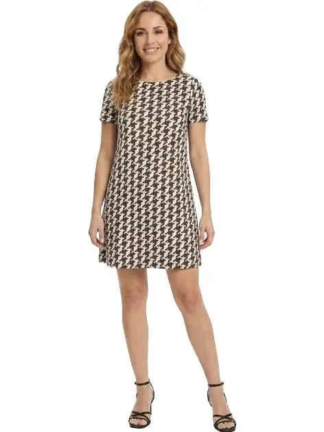 24SEVEN COMFORT APPAREL Essential Geometric Mini Shift Dress - Brown Multi
